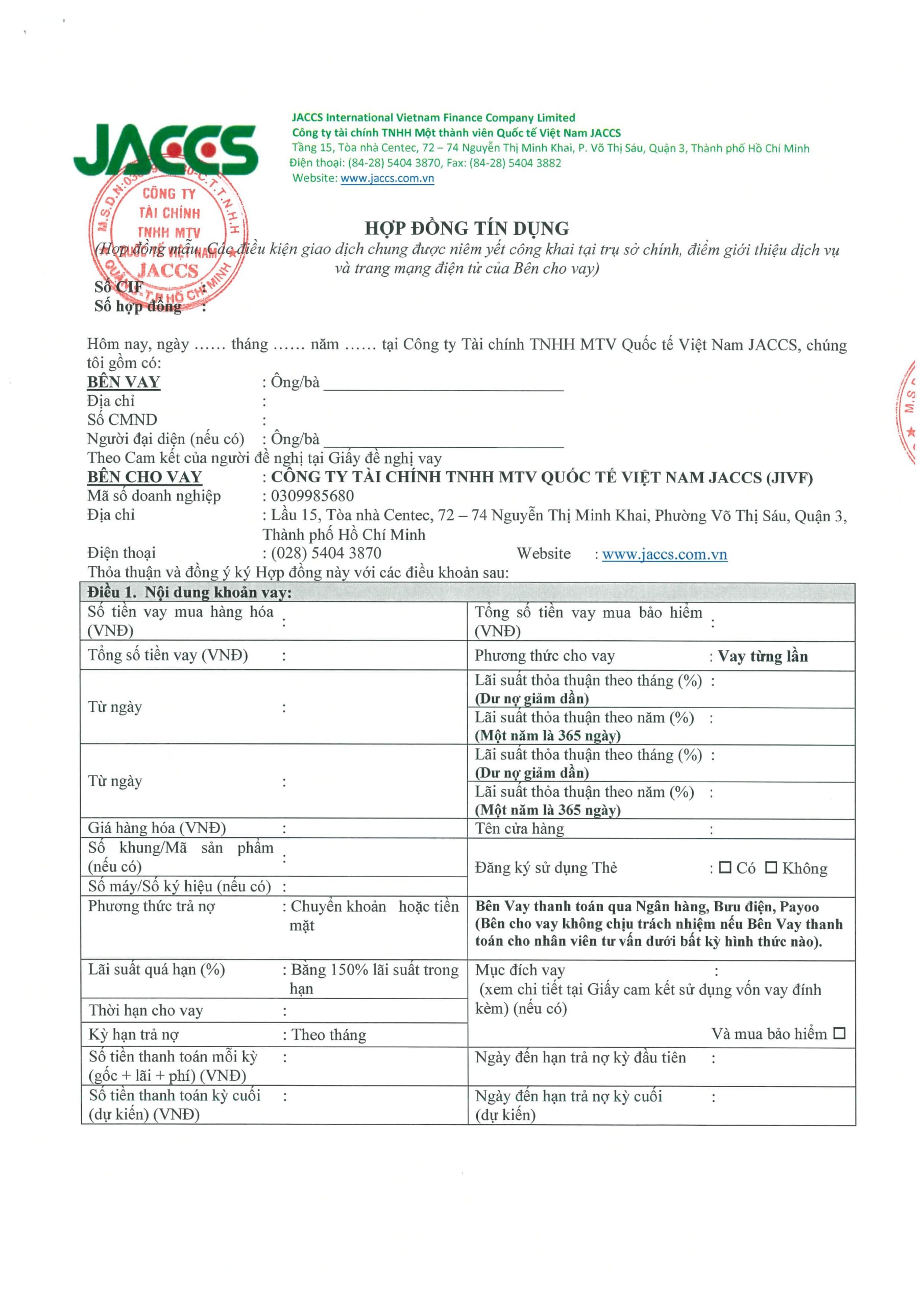 Credit contract - JACCS - Japanese financial company